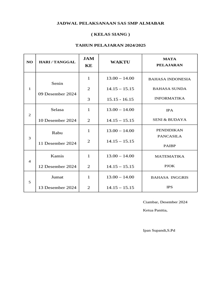 Jadwal Pelaksanaan Sas 2024 Siang | PDF