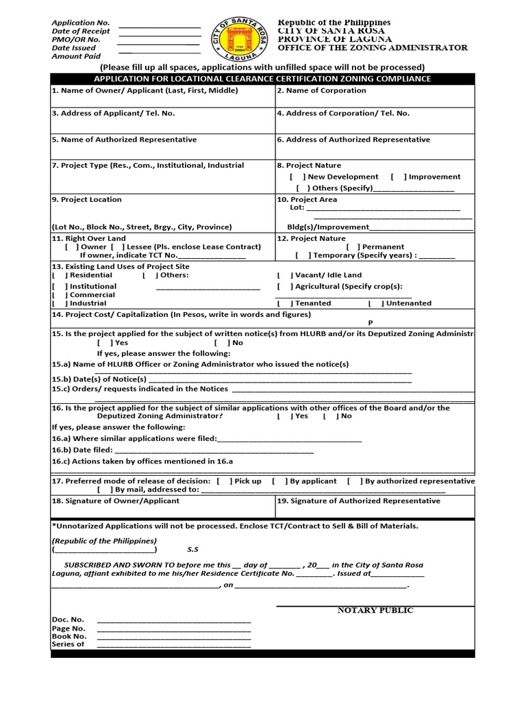 Application For Locational Clearance Certification Zoning Compliance ...