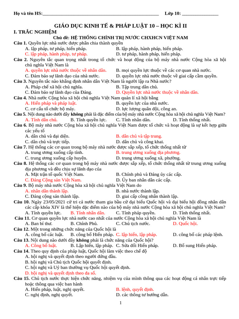 ĐỀ CƯƠNG GDCD 10-THI HK2 | PDF