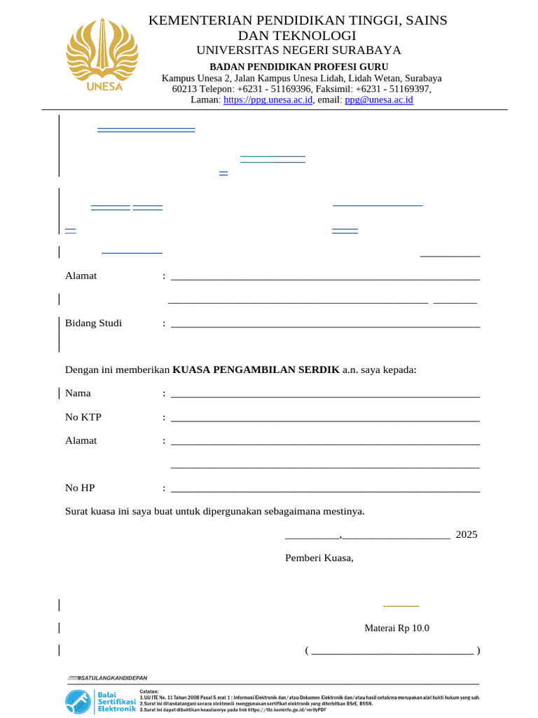 Surat Kuasa Pengambilan Serdik GT 3 | PDF