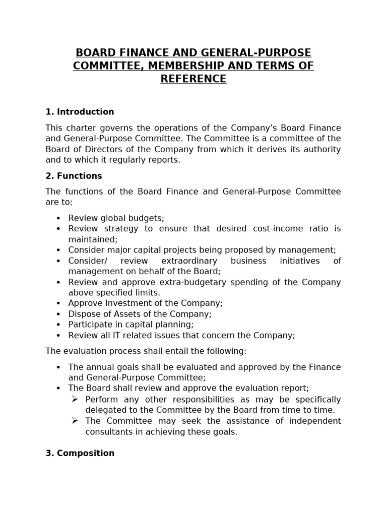 Board Finance Committee Charter | PDF | Board Of Directors | Quorum