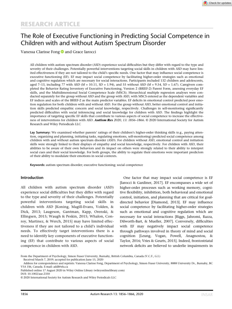 25-Autism Research - 2020 - Fong - The Role of Executive Functioning in Predicting Social ...