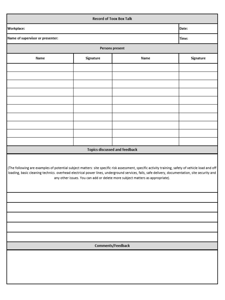 Toox Box Talk Record Template | PDF