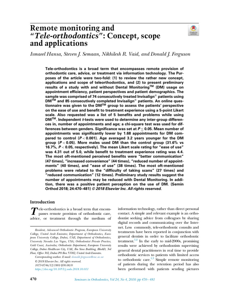 Remote Monitoring and "Tele-Orthodontics" Concept, Scope and ...