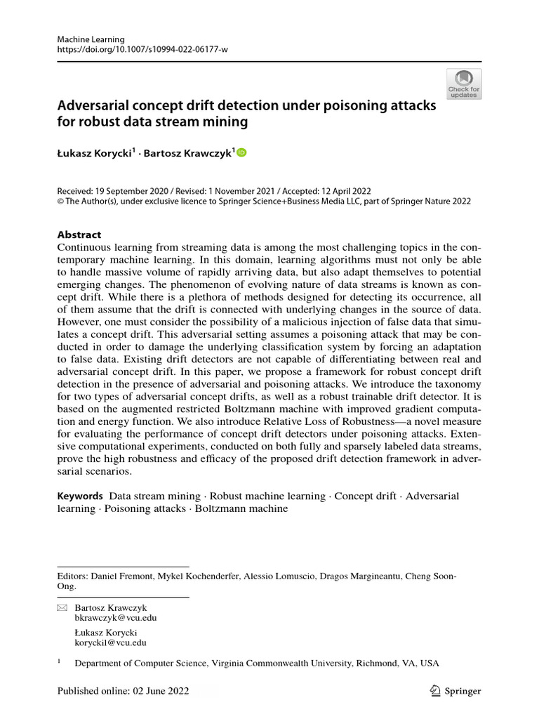 Adversarial Concept Drift Detection | PDF | Machine Learning | Robust Statistics