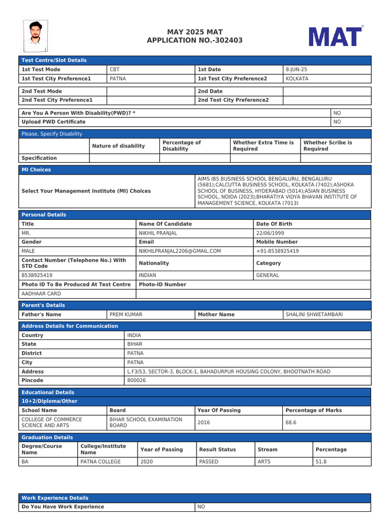 MAT May 2025 Application Details | PDF