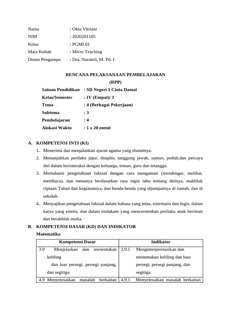 RPP Kelas 4 Micro Teaching | PDF