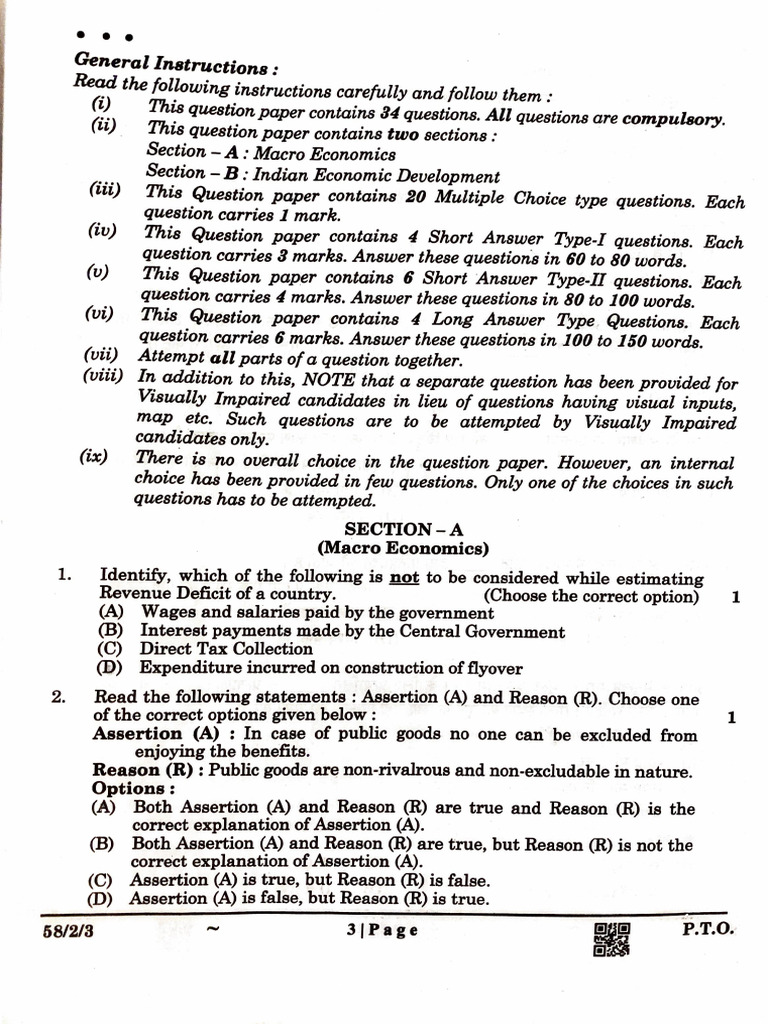 CBSE Class 12 Economics Board Paper 2024 | PDF