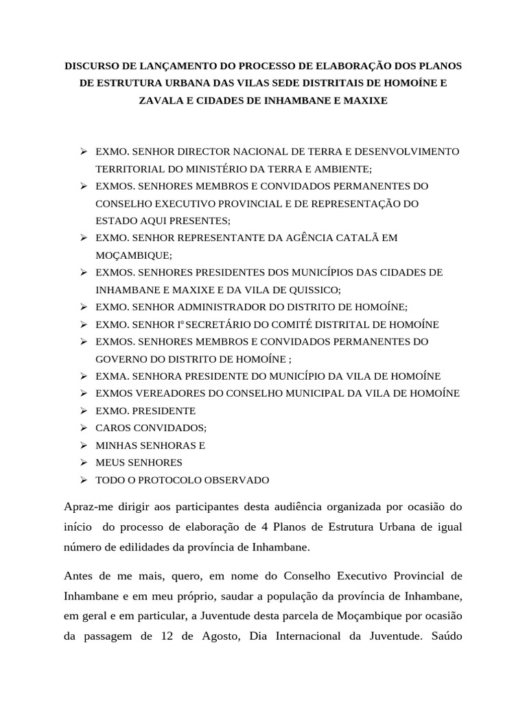 Discurso de Lancamento de PEUs de Homoine Zavala Maxixe e Inhambane 6 ...