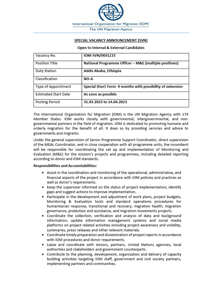 IOM-SVN-0031-23 National Programme Officer - M&E (Multiple Positions ...