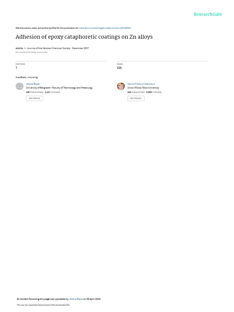 Adhesion of Epoxy Cataphoretic Coatings On ZN Allo | PDF | Epoxy | Zinc