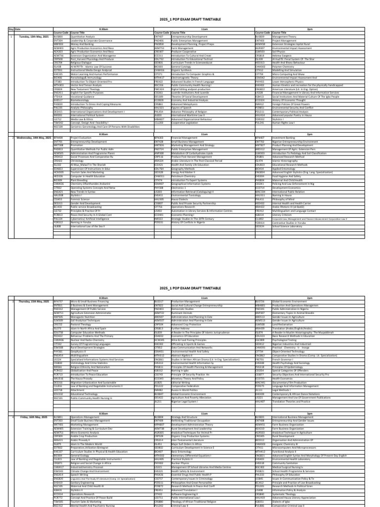 2025 - 1 Pop Exam Draft Timetable | PDF | Nigeria | Science