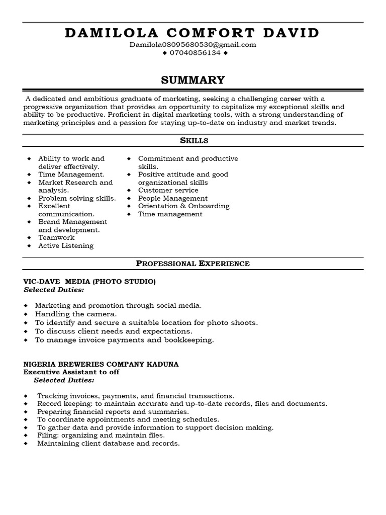 Damilola Comfort David CV | PDF | Marketing | Business