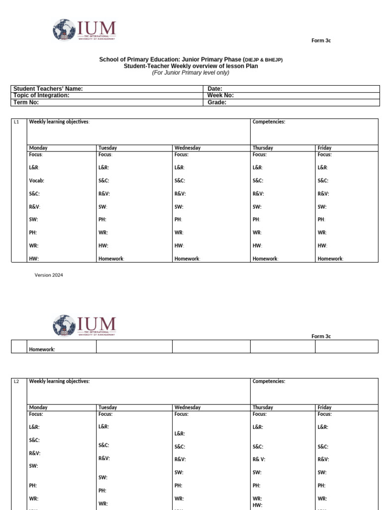 Form 3c Weekly Lesson Junior Primary | PDF | Vocabulary | Linguistics