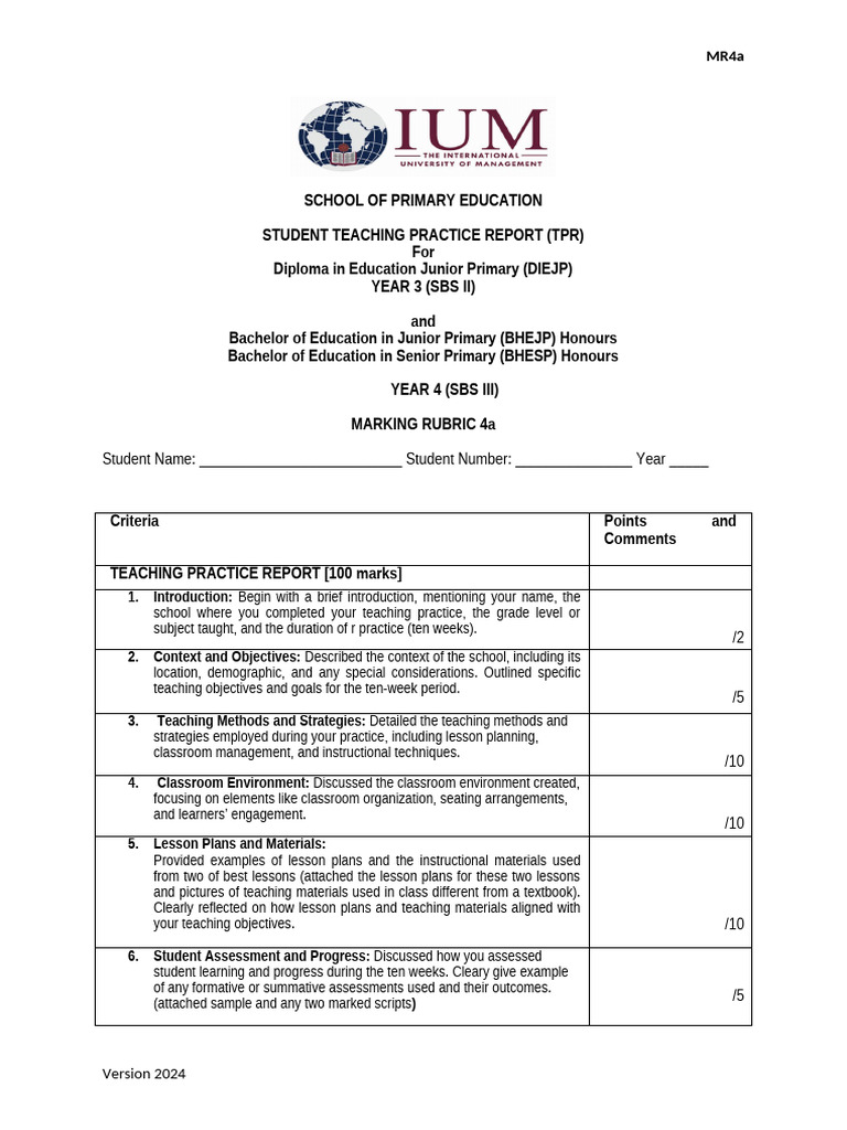 MR4a - Year 3 DIEJP Teaching Practice Report Rubric | PDF | Lesson Plan | Educational Assessment