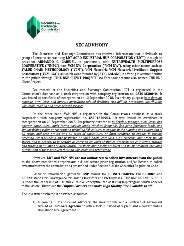 2019advisory LDT Agro Industrial Hub Corporation | PDF | Securities (Finance) | Investing