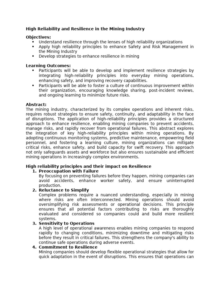 High Reliability and Resilience in The Mining Industry | PDF ...