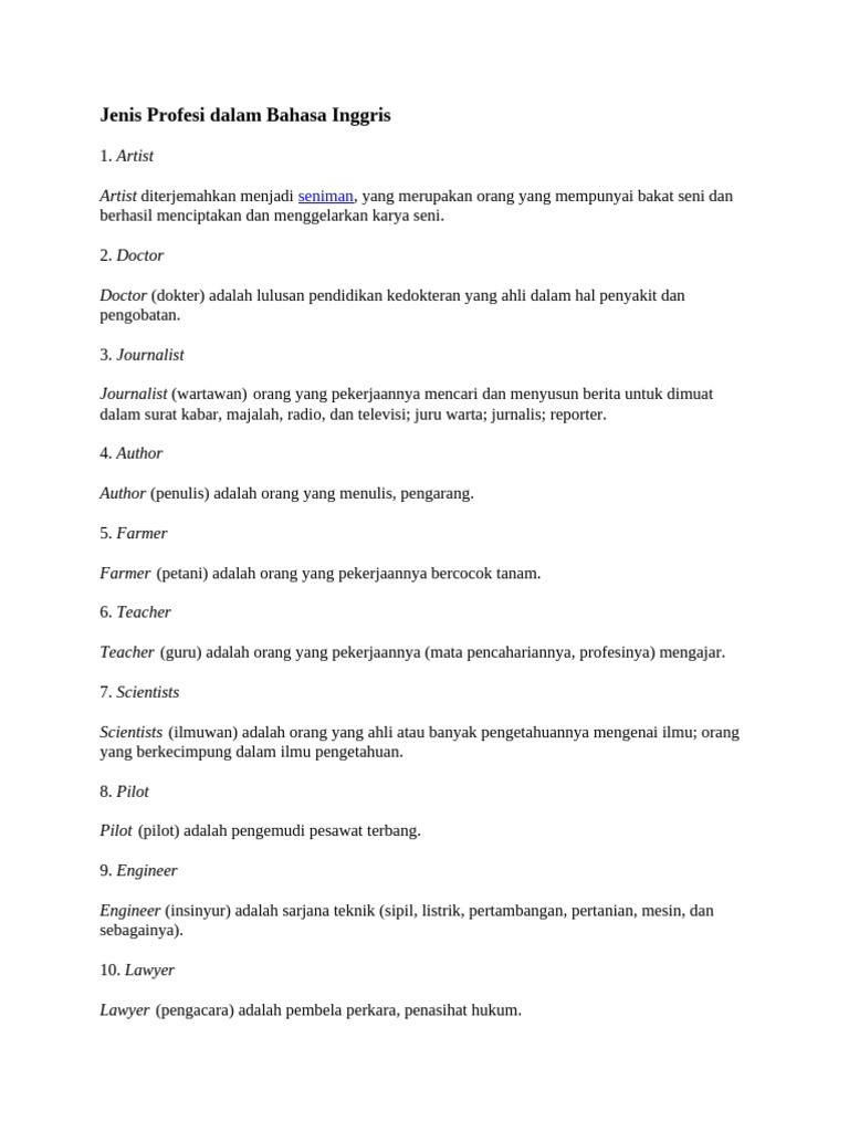 Jenis Profesi Dalam Bahasa Inggris | PDF
