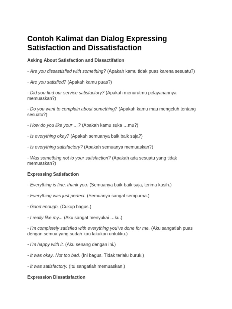 Contoh Kalimat Dan Dialog Expressing Satisfaction and Dissatisfaction | PDF