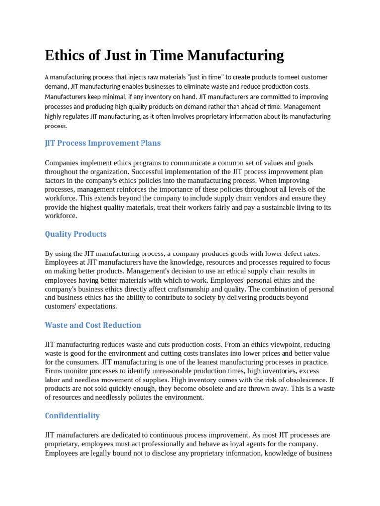 Just in Time Manufacturing Ethics Guide | PDF | Lean Manufacturing ...