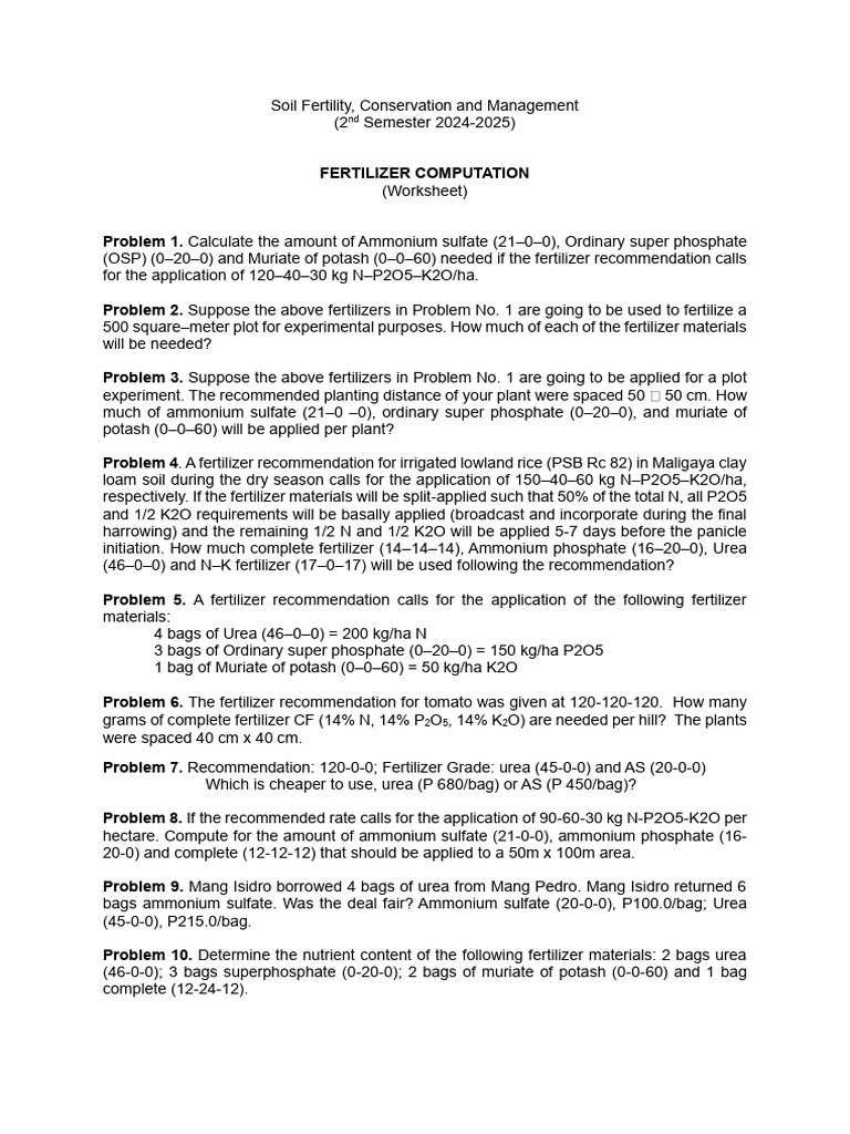 Worksheet Fertilizer Computation | PDF | Fertilizer | Horticulture