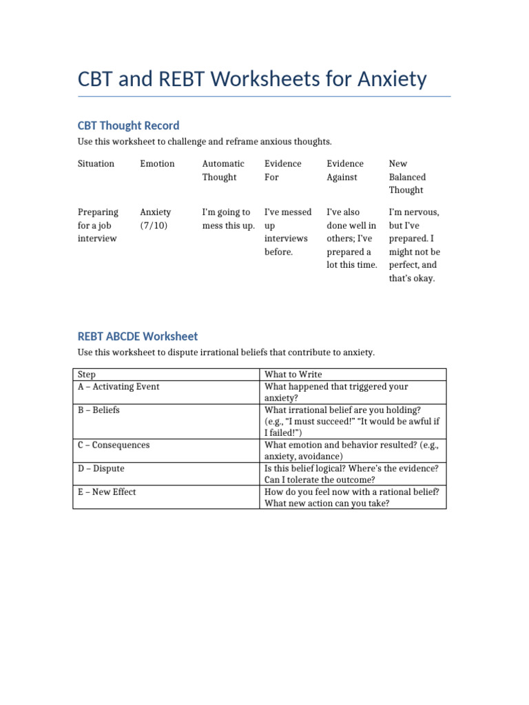 CBT REBT Anxiety Worksheets | PDF
