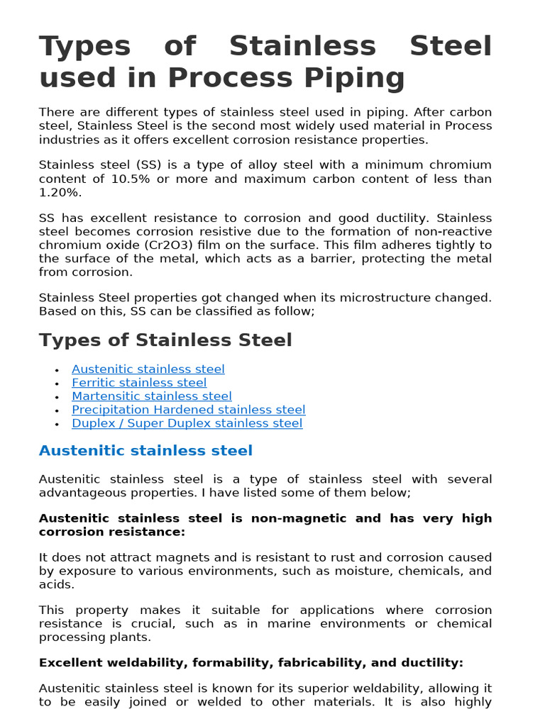 Types of Stainless Steel Used in Process Piping | PDF | Stainless Steel | Steel