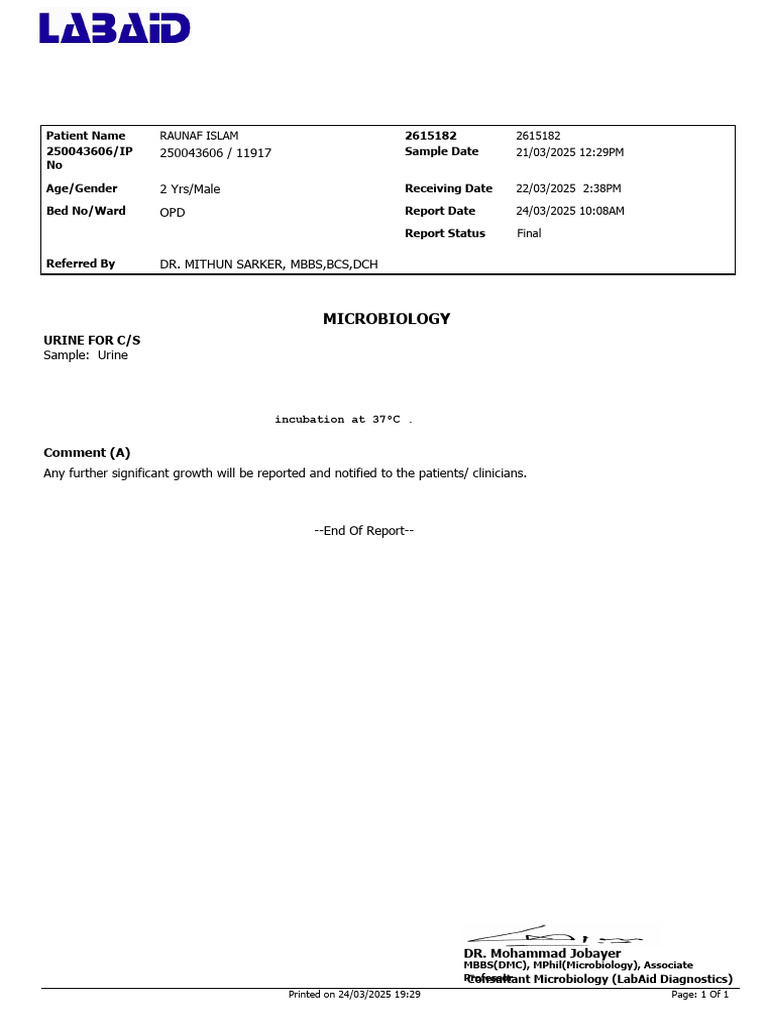 Urine Culture & Sensitivity Report | PDF