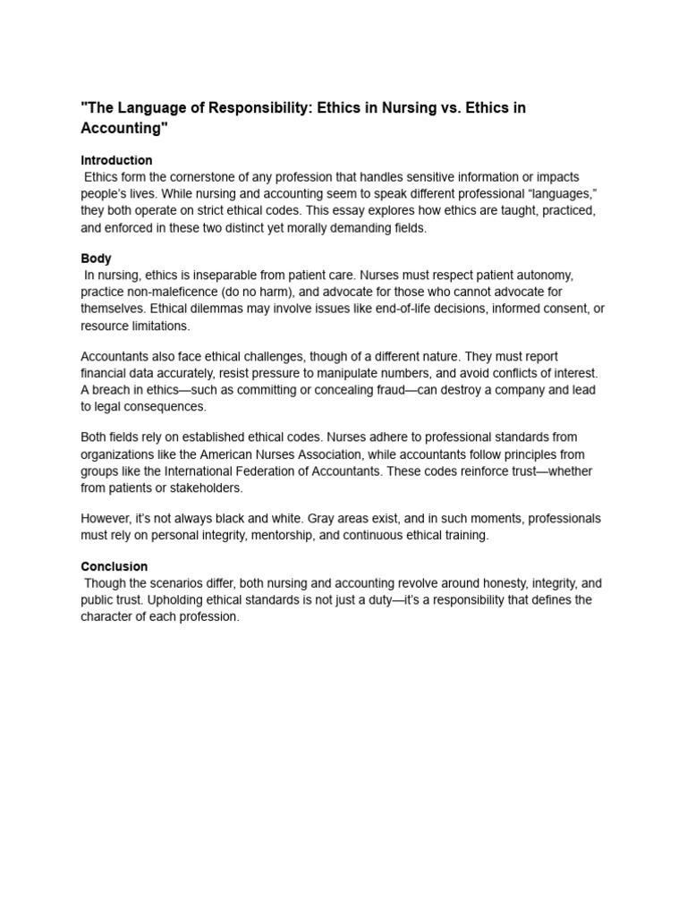 The Language of Responsibility - Ethics in Nursing vs. Ethics in ...