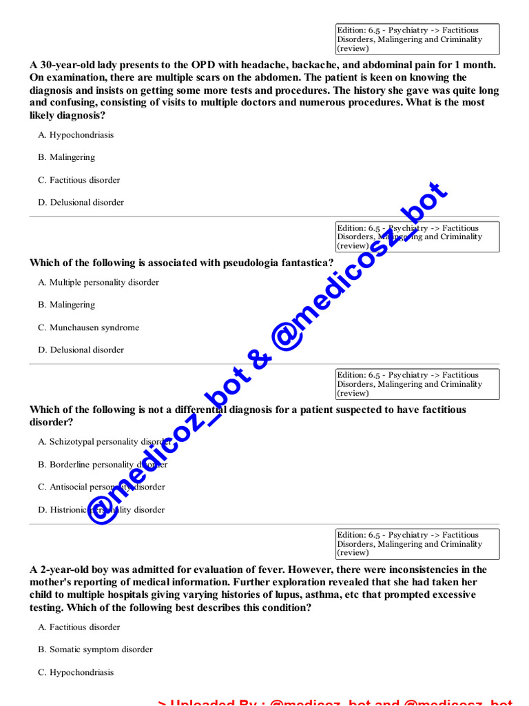 Psychiatry Factitious Disorders, Malingering and Criminality Review | PDF