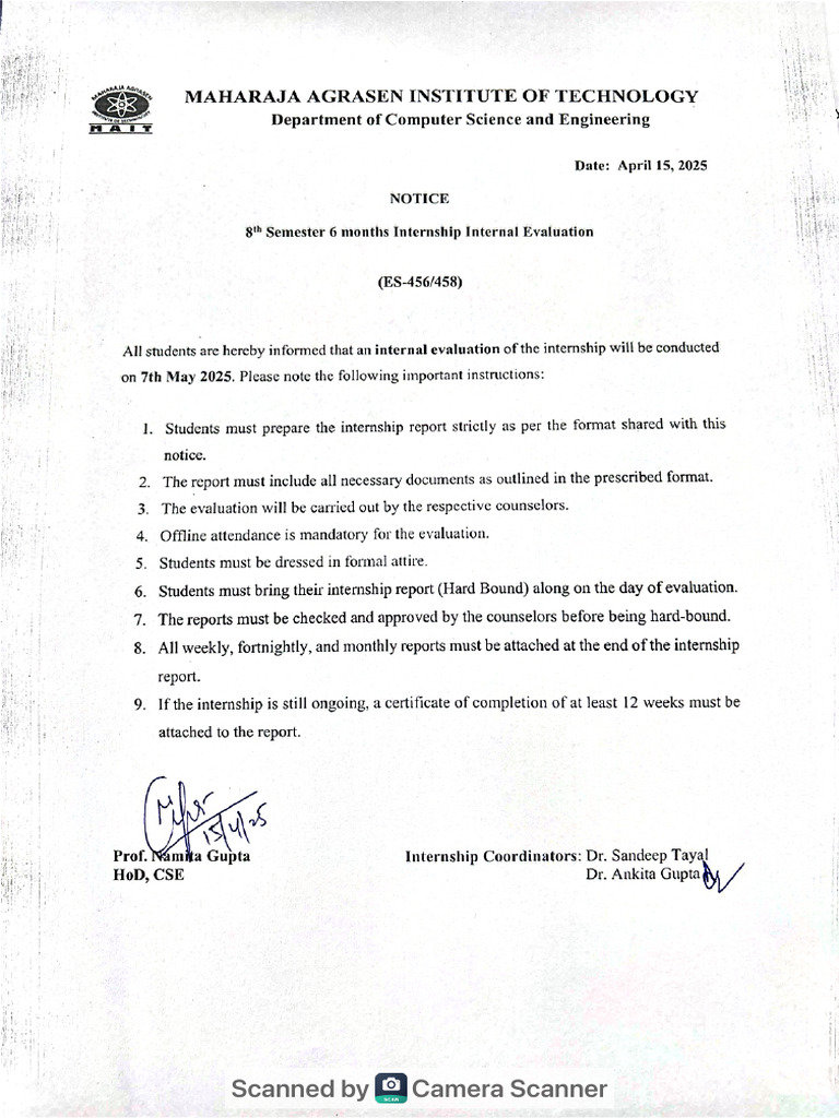Internship Evaluation Notice - 8th Semester | PDF