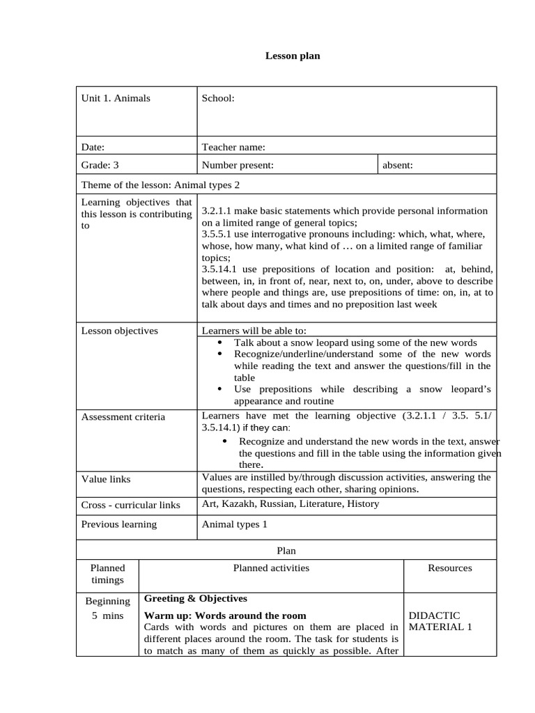 English - Grade 3 - Unit 1 - Animals - Animal Types 2 - LESSON PLAN ...