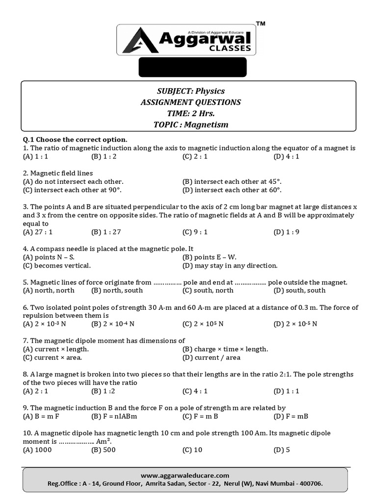 11th HSC-Physics-Magnetism-Assignment | PDF | Magnetic Field | Magnet