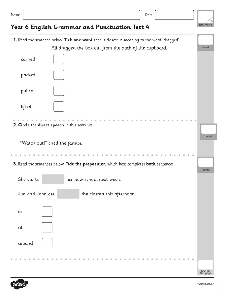 Year 6 Grammar and Punctuation Test 4 | PDF | English Grammar | English ...