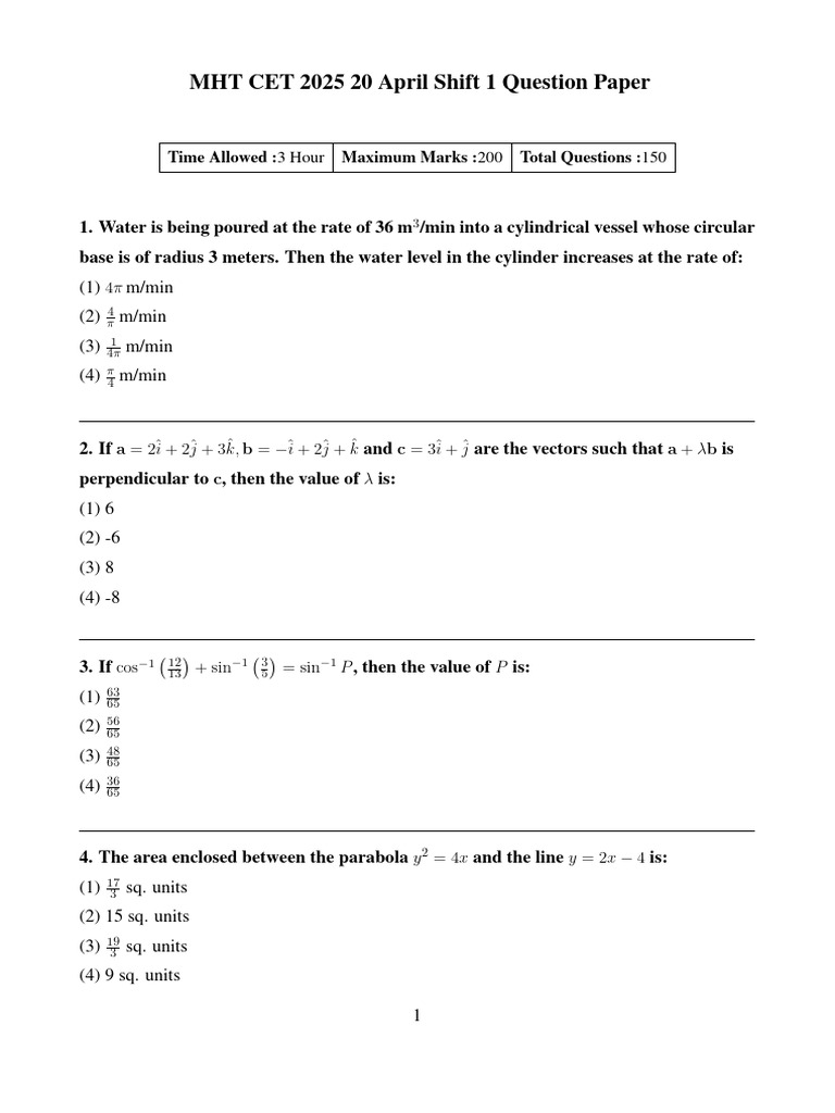 MHT CET 2025 Shift 1 Question Paper | PDF | Geometry