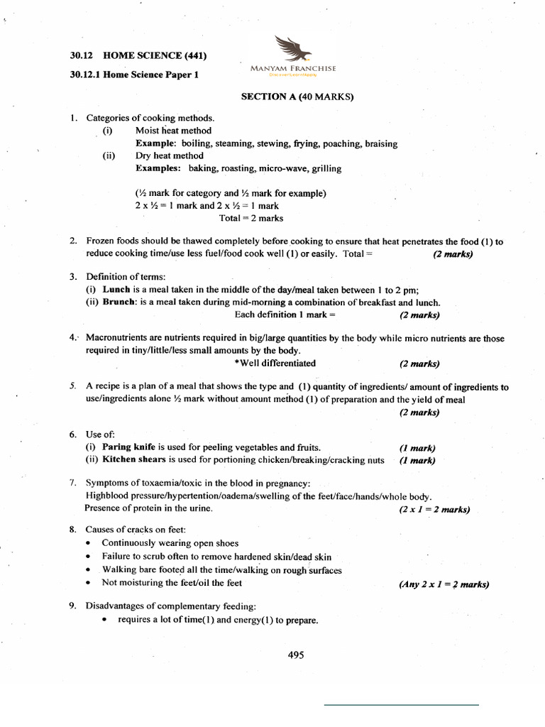 2009 Home Science Marking Scheme | PDF