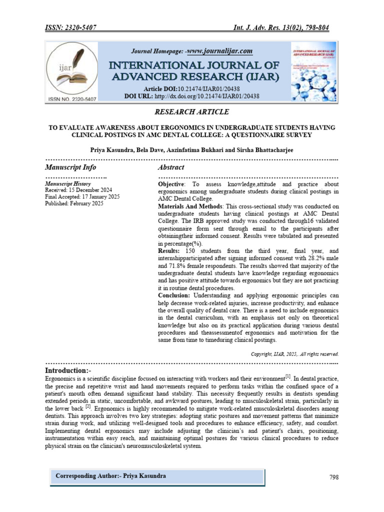 To Evaluate Awareness About Ergonomics in Undergraduate Students Having Clinical Postings in Amc ...