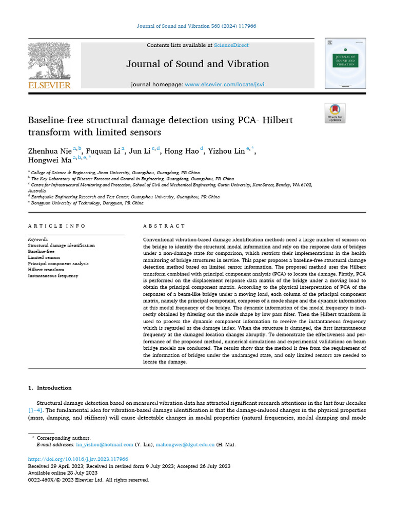 Baseline-Free Structural Damage Detection Using PCA-Hilbert Transform With Limited Sensors | PDF ...