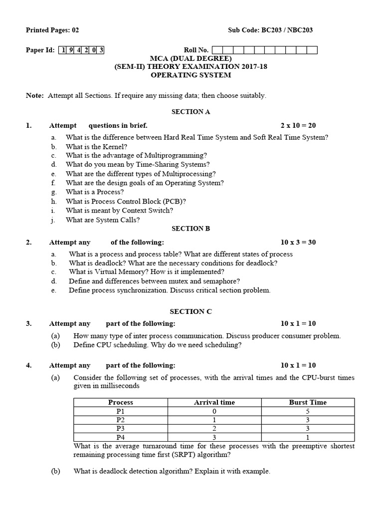 Mca 2 Sem Operating System Bc203 2018 | PDF | Process (Computing) | Operating System