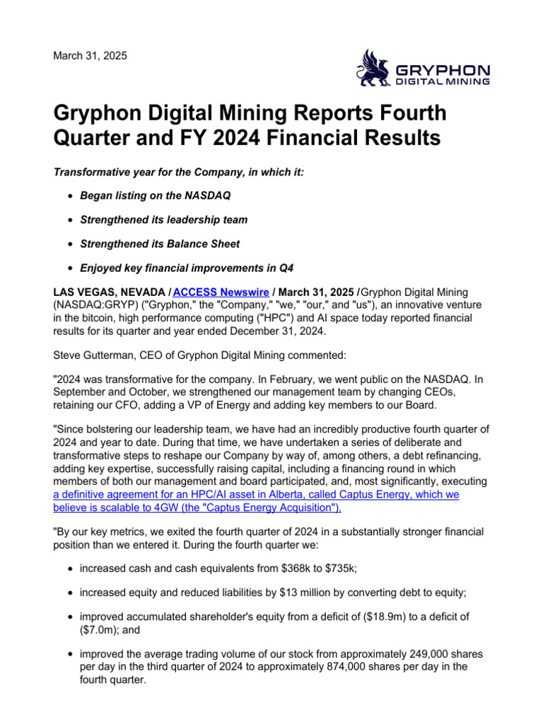 2025-03-31 Gryphon Digital Mining Reports Fourth Quarter and 47 | PDF ...
