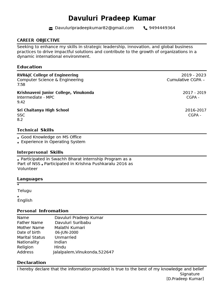 Resume of Davuluri Pradeep Kumar | PDF