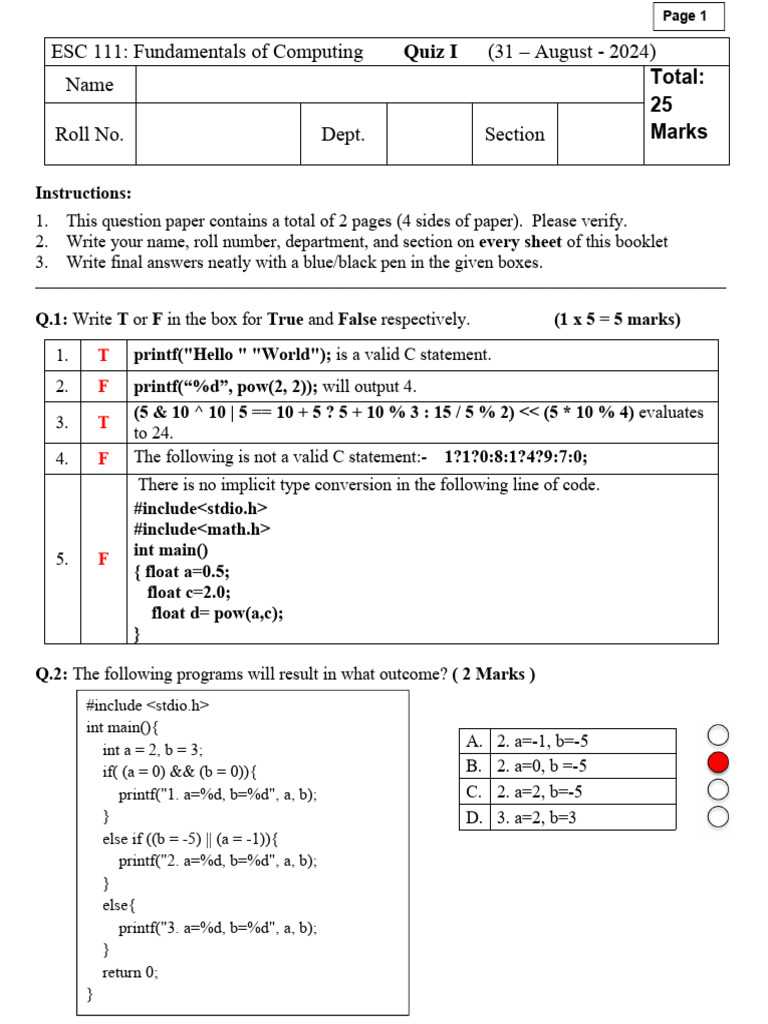 C Programming Quiz Paper Instructions | PDF | Integer (Computer Science) | Software Development
