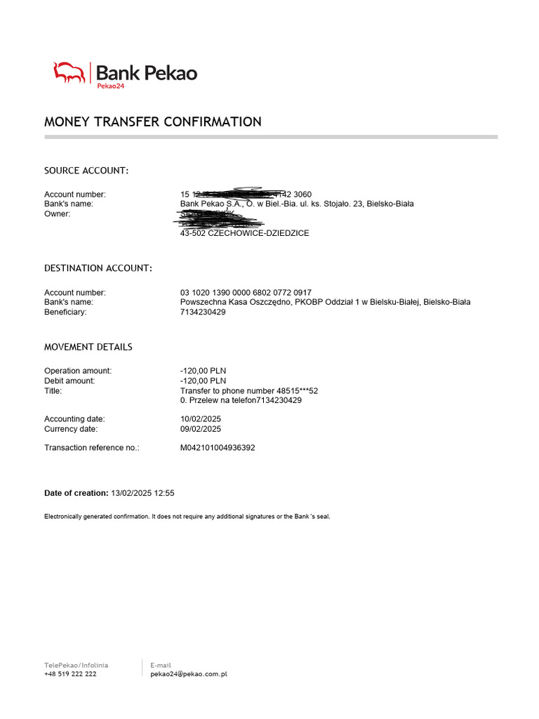 Money Transfer Confirmation Details | PDF