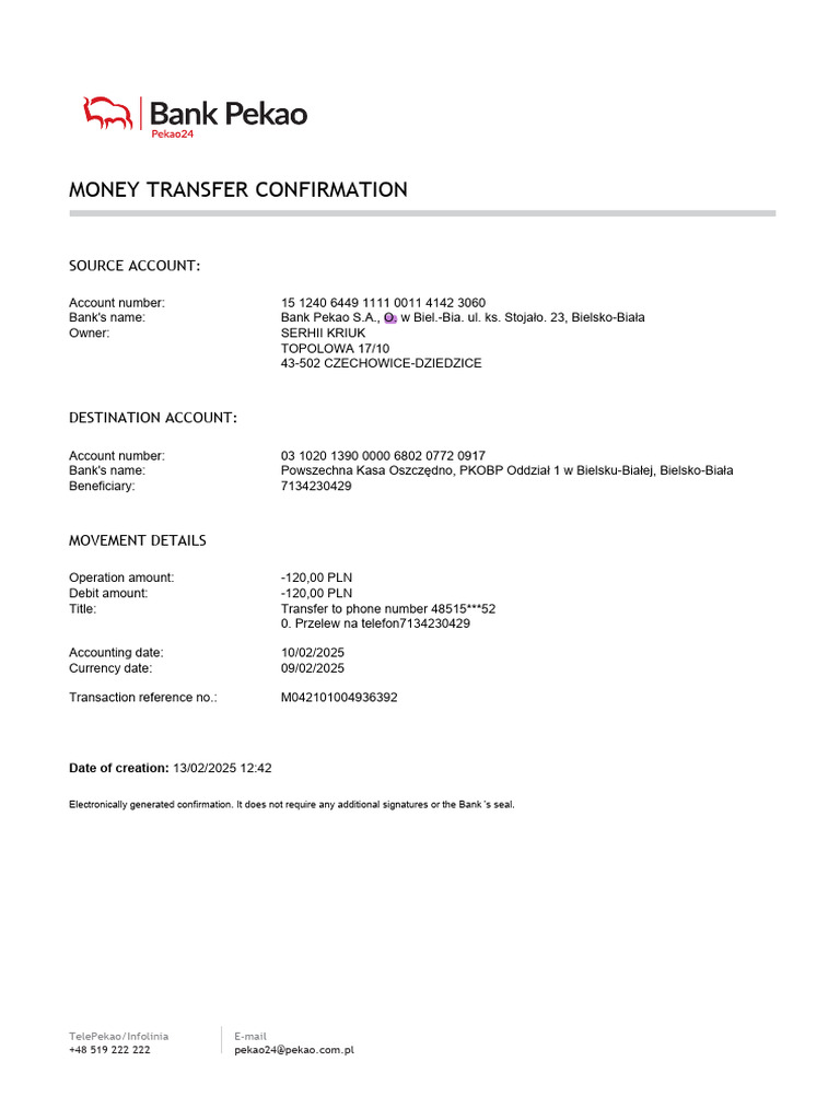 Money Transfer Confirmation Details | PDF