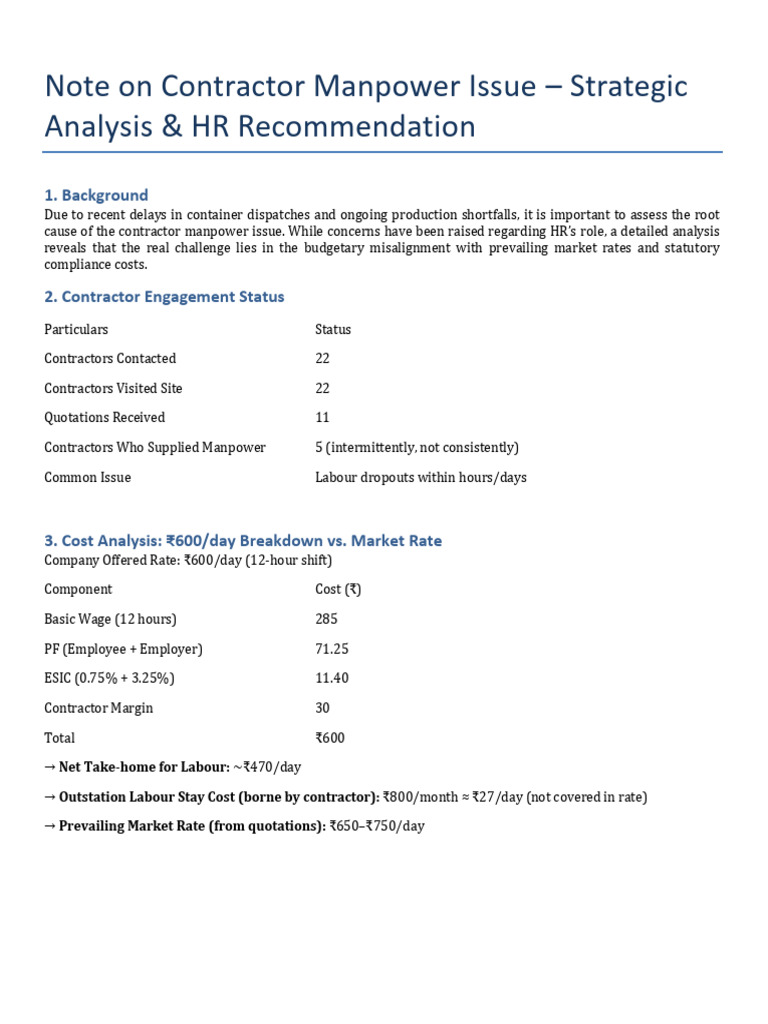 Contractor Manpower Issue Note | PDF | Human Resources | Labor Relations