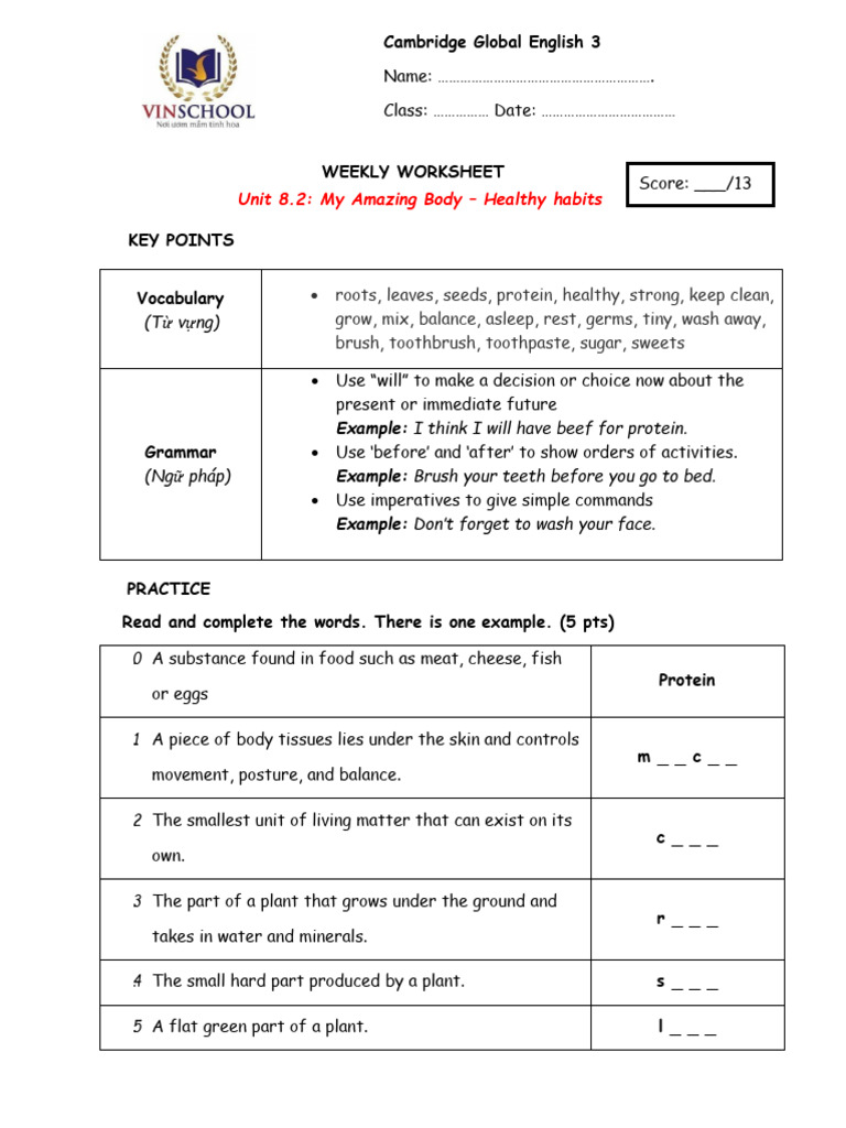 Unit 8.2: My Amazing Body Healthy Habits: (T V NG) | PDF | Foods ...