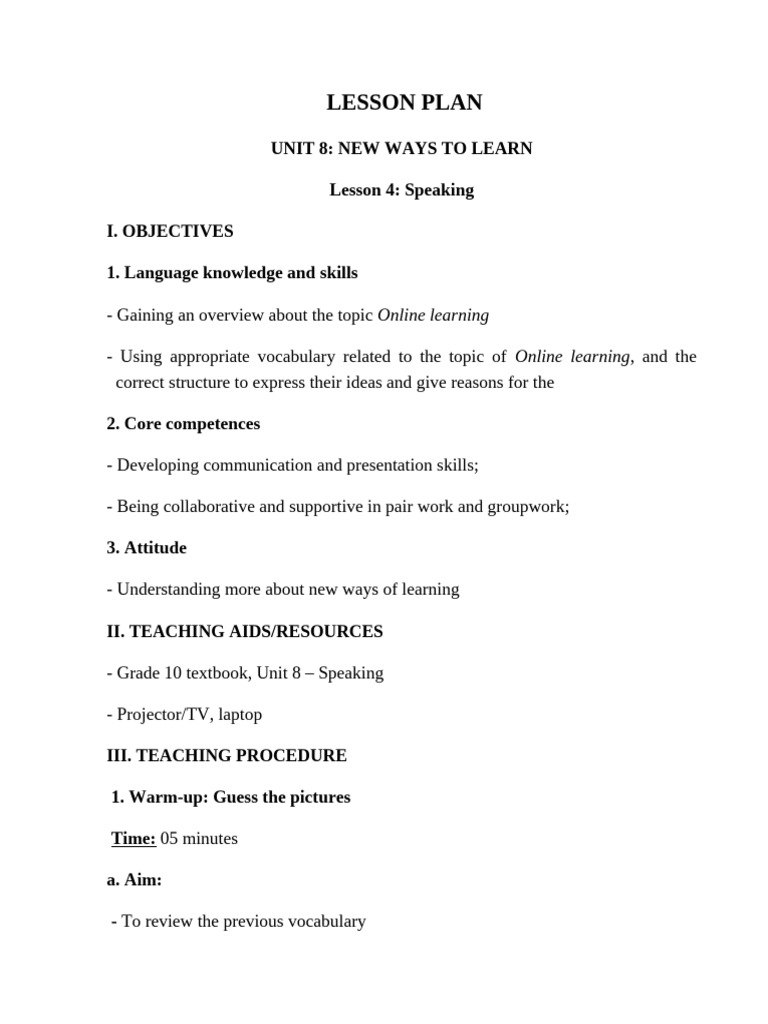 Online Learning: Speaking Lesson Plan | PDF | Educational Technology ...