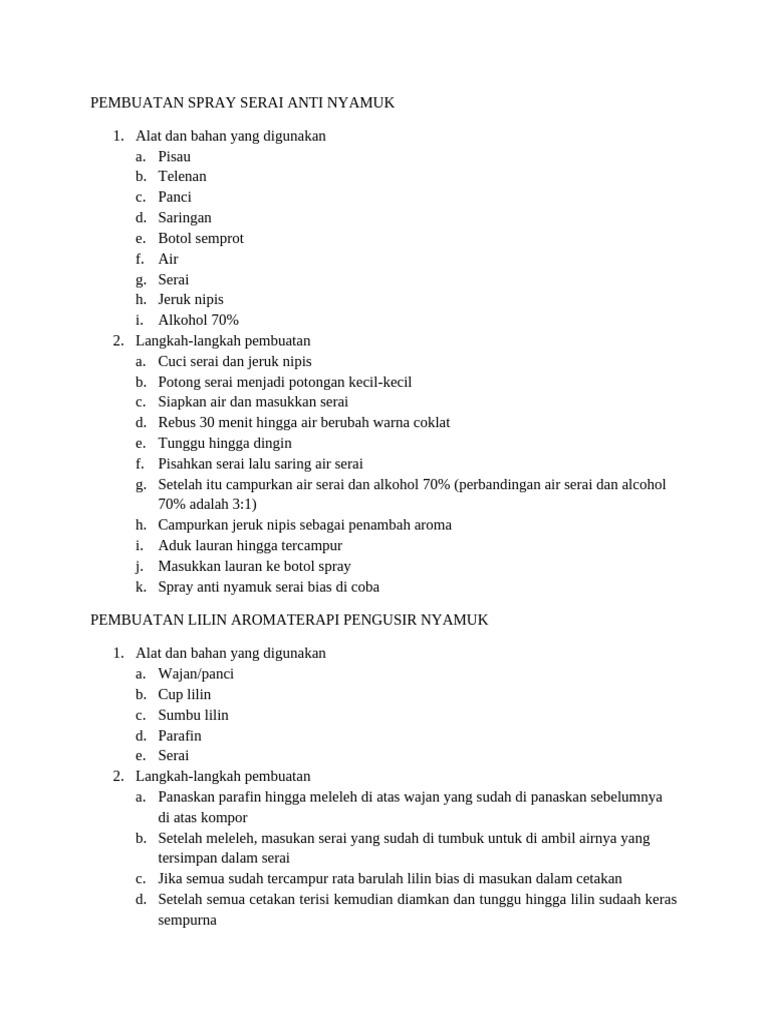 PEMBUATAN SPRAY SERAI ANTI NYAMUK Dan LILIN AROMATERAPI | PDF