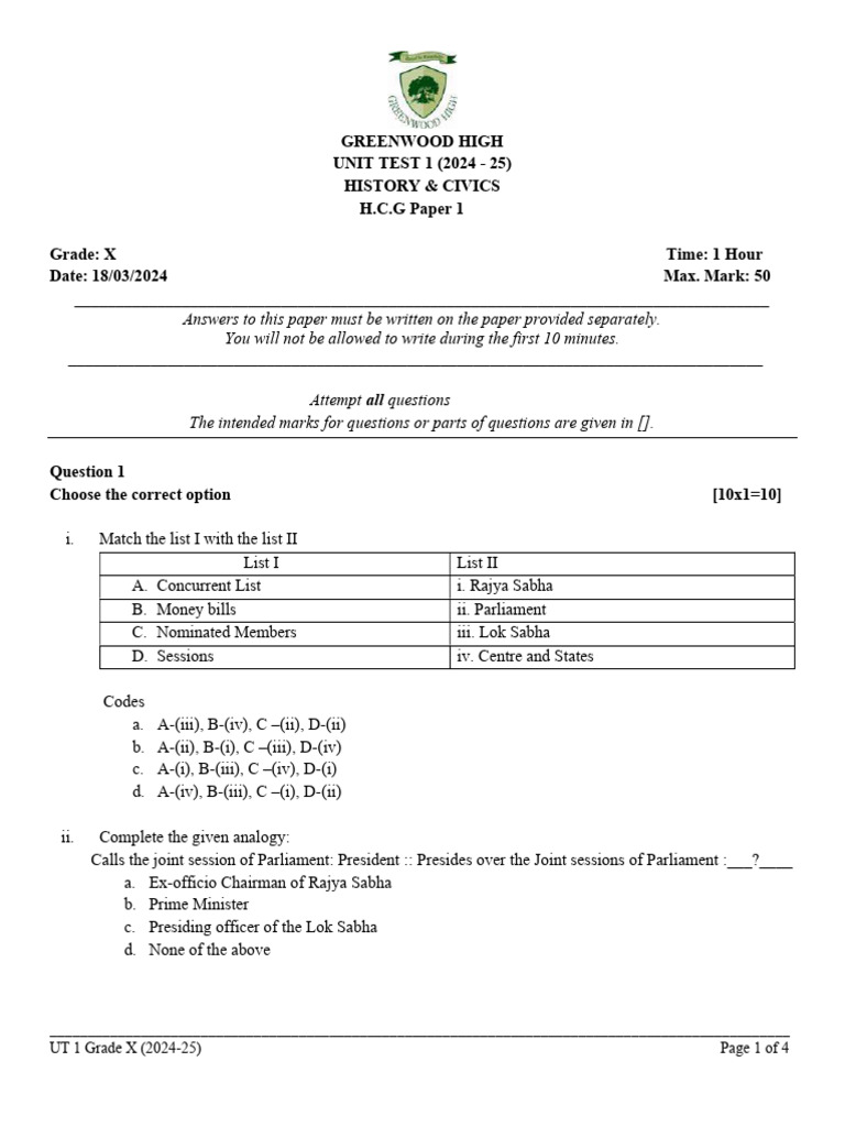 Gr10 UT1 3History-Civics QP 2024-25 | PDF | Government | Government Of India
