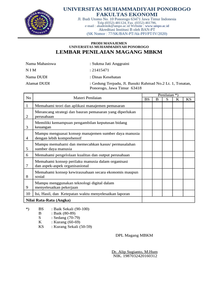 DPL Lembar Penilaian Magang | PDF